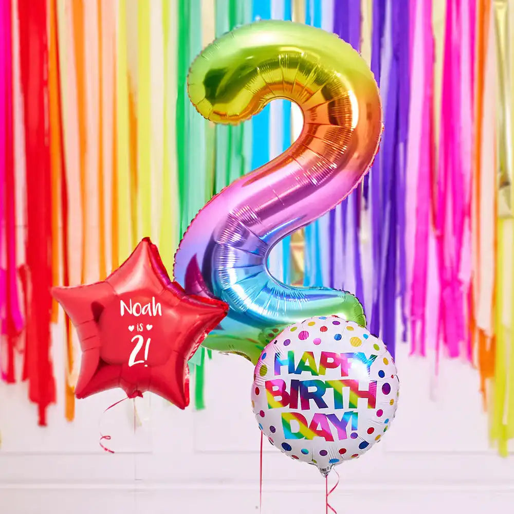 Rainbow 2nd Birthday Inflated Balloon Bunch | Personalised | Party Pieces