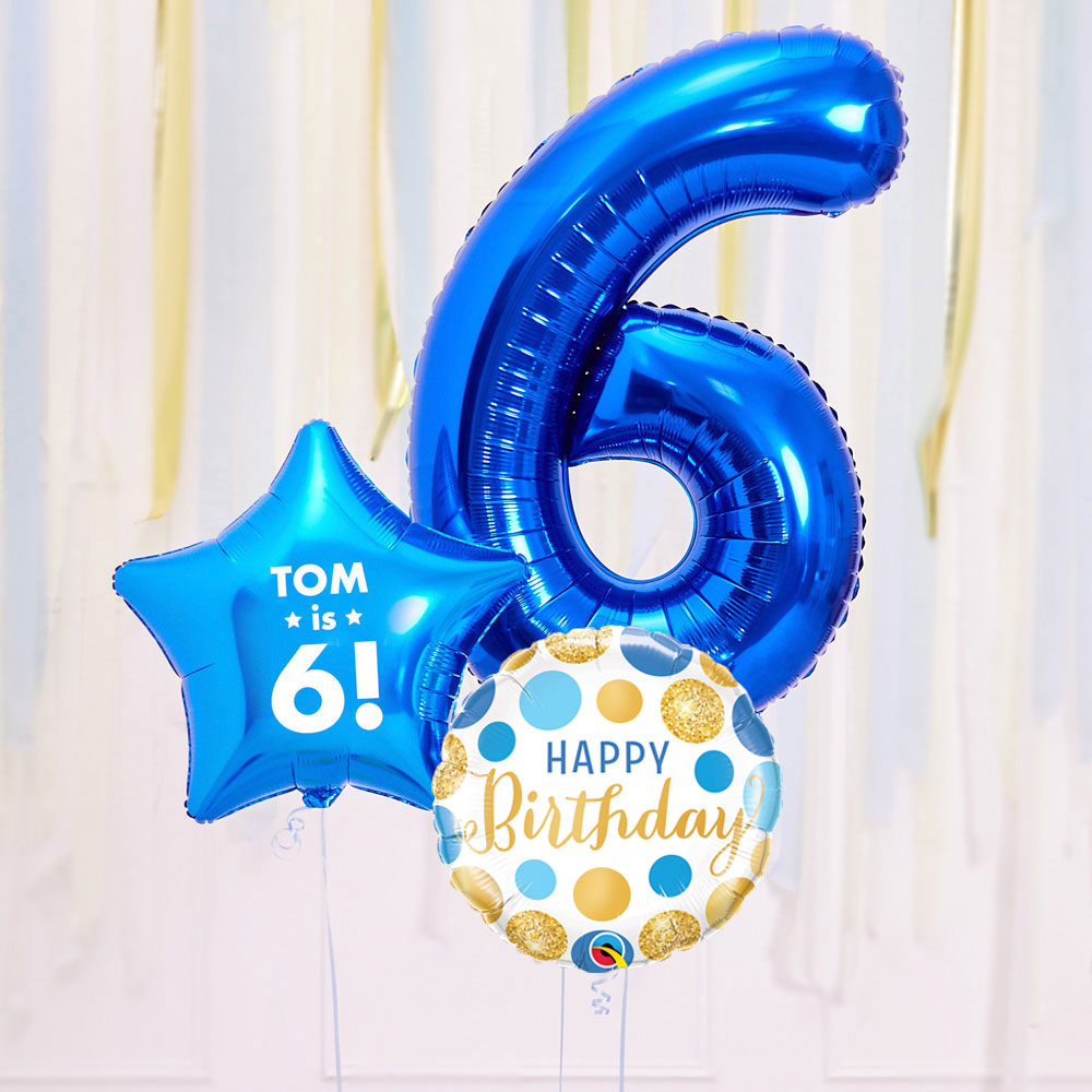 Blue 6th Birthday Inflated Balloon Bunch | Personalised | Party Pieces