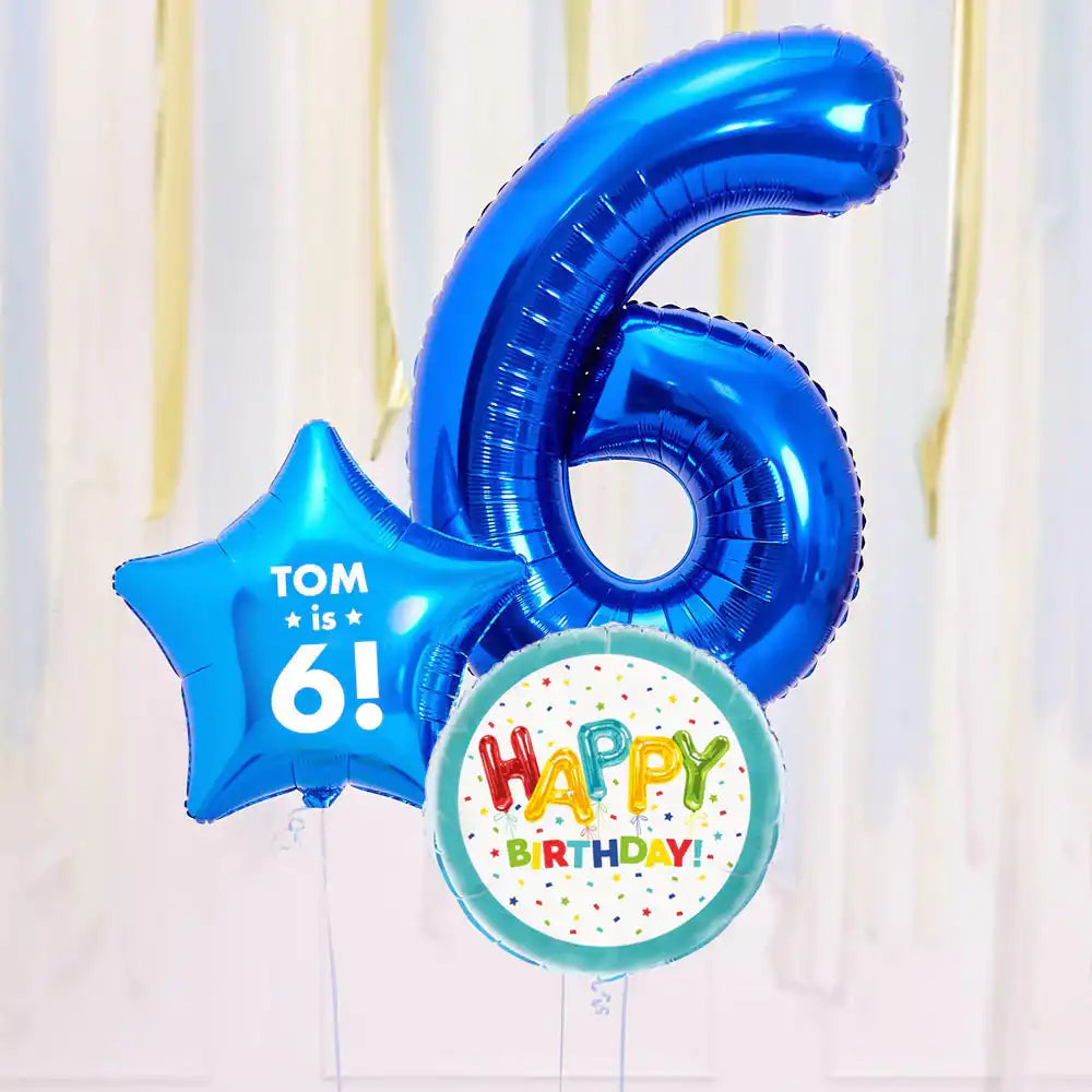 Blue 6th Birthday Inflated Balloon Bunch | Personalised | Party Pieces
