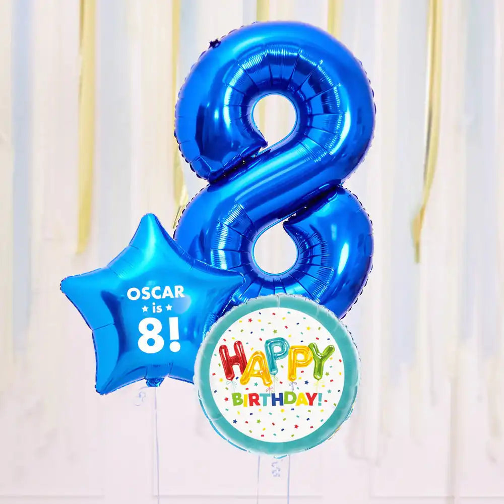 Blue 8th Birthday Inflated Balloon Bunch | Personalised | Party Pieces