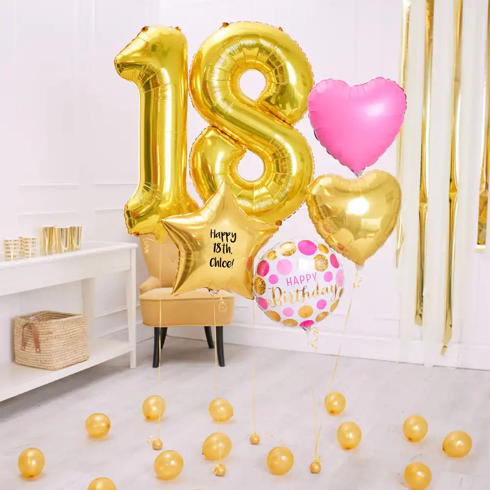 18th Birthday Pink & Gold Balloons | Deluxe Personalised Balloon Bunch ...