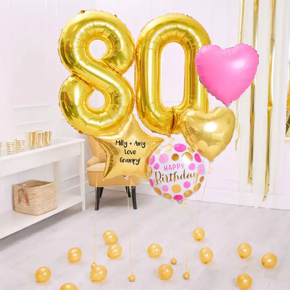 80th Birthday Gold & Pink Balloons | Deluxe Personalised Balloon Bunch ...